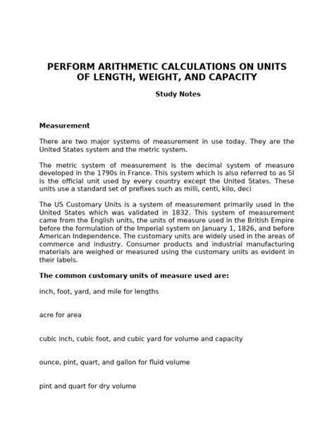 Perform Arithmetic Calculations On Units Of Length Weight And Capacity Pdf