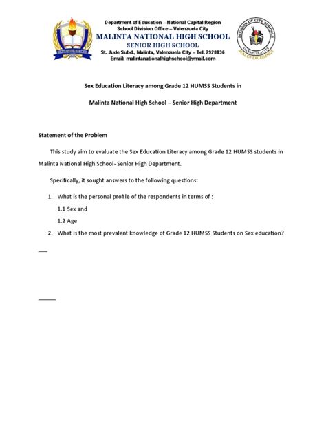 Sex Education Literacy Among Grade 12 Humss Students In Pdf