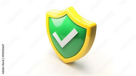 Cartoon 3d Icon Safety Shield Green Check Mark Perspective Yellow