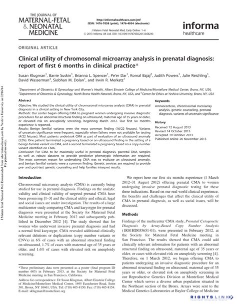 Pdf Clinical Utility Of Chromosomal Microarray Analysis In Prenatal Diagnosisreport Of First