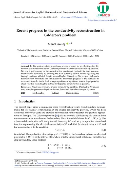 Pdf Recent Progress In The Conductivity Reconstruction In Calderóns Problem
