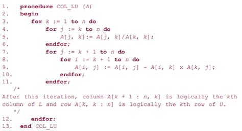 solved procedure col lu a begin for k 1 to n do for j k
