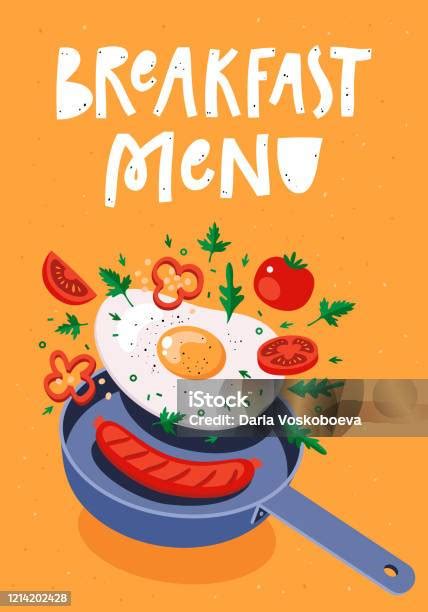 아침 식사 메뉴 포스터 디자인입니다 팬에 계란과 소시지 튀김 아침 식사 메뉴 자필 레터링 벡터 그림입니다 건강한 생활방식에 대한 스톡 벡터 아트 및 기타 이미지 Istock