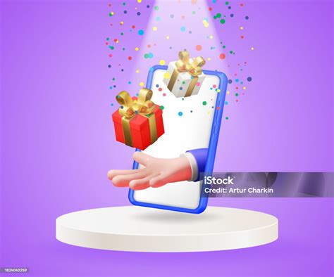 벡터 3d 그림 와 전화 통하고 있는 포디움 와 색종이 조각 와 선물 상자 3차원 형태에 대한 스톡 벡터 아트 및 기타 이미지 Istock