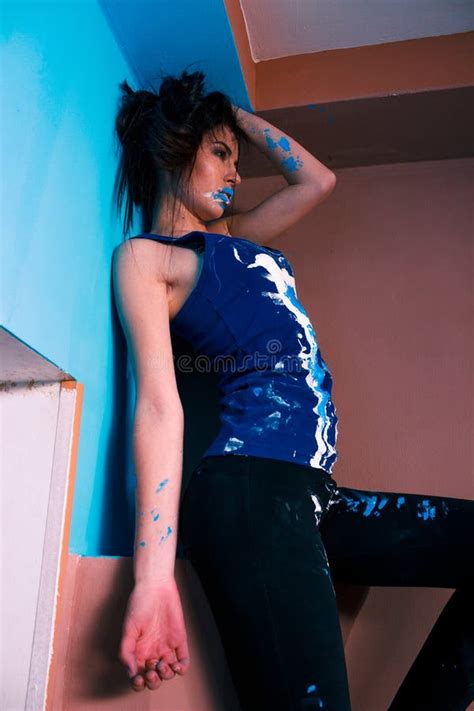 The Girl In The Paint Is On The Box Stock Photo Image Of Model Woman