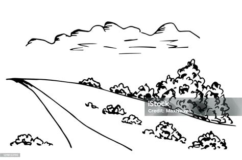 언덕 덤불 나무 구름 시골 풍경 교외 자연으로 가는 길 간단한 벡터 잉크 도면 계곡에 대한 스톡 벡터 아트 및 기타 이미지 Istock