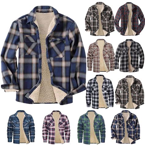 Feancey On Sale Mens Plaid Fleece Lined Jacket Button Down Casual Warm