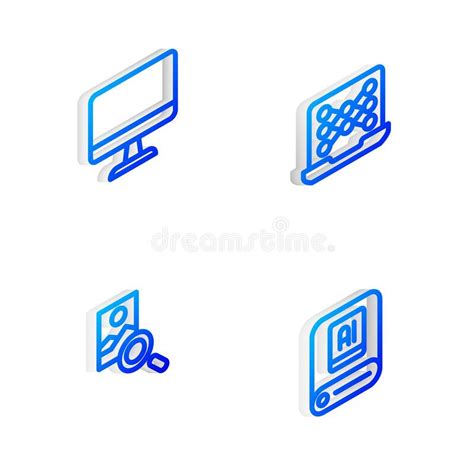 Set Isometric Line Neural Network Computer Monitor Photo Retouching