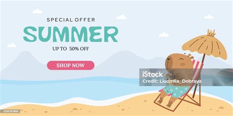 여름 세일 프로모션 가로 배너입니다 바닷가의 해변 의자에서 일광욕을 하는 오렌지 주스와 함께 재미있는 카피바라 웹 사이트 전단지 및 포스터에 적합합니다 벡터 일러스트 레이