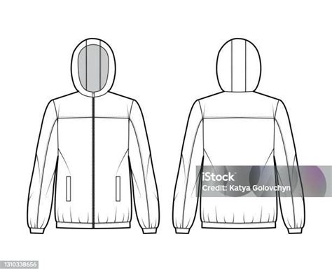 윈드브레이커 재킷 테크니컬 패션 일러스트 후드 오버사이즈 긴 소매 웰트 포켓 지퍼업 오픈 벡터에 대한 스톡 벡터 아트 및 기타 이미지 Istock