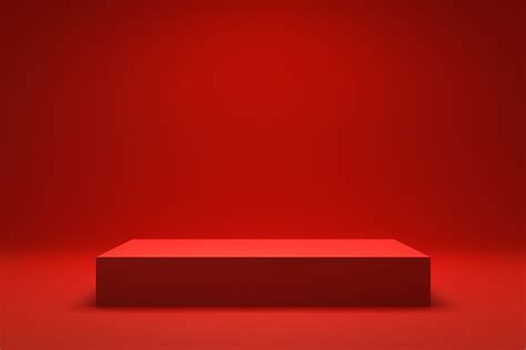 빈 빨간색 배경 및 표시 또는 크리스마스 개념을 디자인하기위한 스튜디오와 스탠드 디스플레이 또는 선반 시멘트 재료로 만든 빈 배경 사실적인 3d 렌더링 배경 주제에 대한