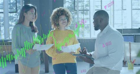 Data Processing And Green Graph Over Diverse Colleagues Discussing At Casual Office Meeting