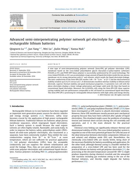 Pdf Advanced Semi Interpenetrating Polymer Network Gel Electrolyte For Rechargeable Lithium