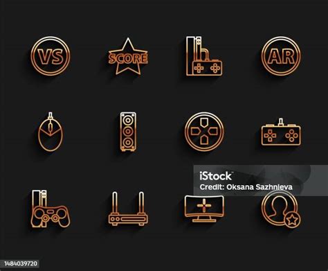 조이스틱 라우터 및 Wifi 신호 Vs 대 전투 컴퓨터 모니터 프리미엄 계정 화면 스테레오 스피커 게임 패드 및 아이콘으로 라인 게임 콘솔을 설정하십시오 벡터 Brand