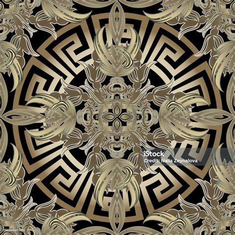 바로크 3d 골드 벡터 완벽 한 패턴입니다 그리스어 장식 배경입니다 빈티지 화려한 꽃무늬와 그리스어 키 메 나 더 장식 라운드 만다라 럭셔리 로얄 벽지 황금 꽃 스크롤 0