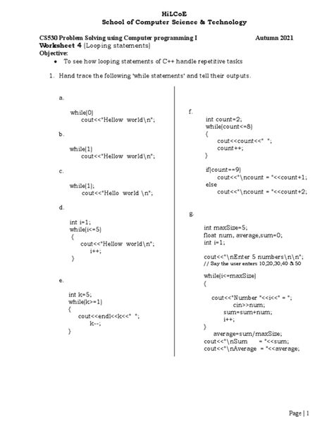 Worksheet 4 Looping Statements One Pdf Software Development Computer Engineering