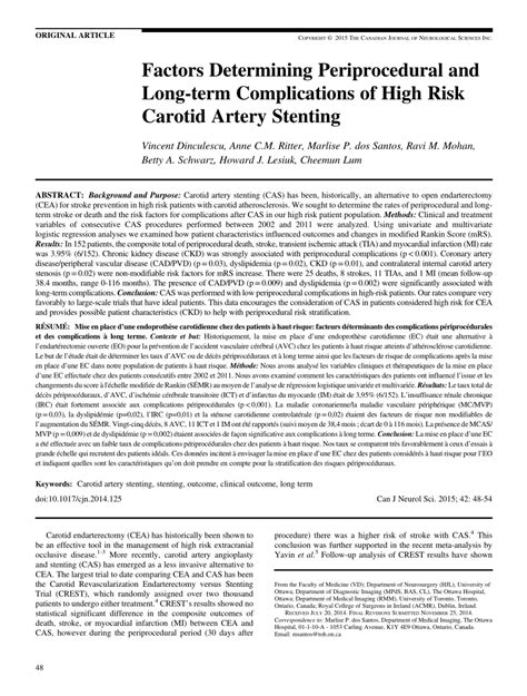 Pdf Factors Determining Periprocedural And Long Term Complications Of High Risk Carotid Artery