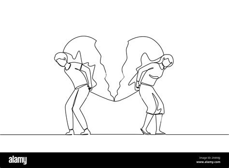 Single One Line Drawing Broken Heart Carried By Man And Woman Divorce