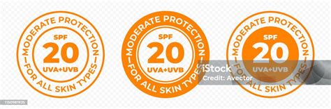 Spf 20 자외선 차단 Uva 및 Uvb 벡터 아이콘입니다 Spf 20 중간 자외선 차단 스킨 로션 및 크림 패키지 라벨 20에 대한 스톡 벡터 아트 및 기타 이미지