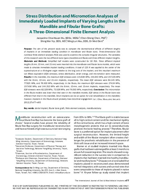 Pdf Stress Distribution And Micromotion Analyses Of Immediately Loaded Implants Of Varying