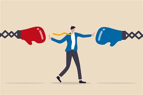 갈등 관리 논쟁 문제를 타협하고 해결하는 리더십 기술 협상 또는 전투 개념을 중지 사업가 지도자는 충돌 복싱 글로브 싸움을 중지 중간에 서 충돌 개념에 대한 스톡 벡터 아트