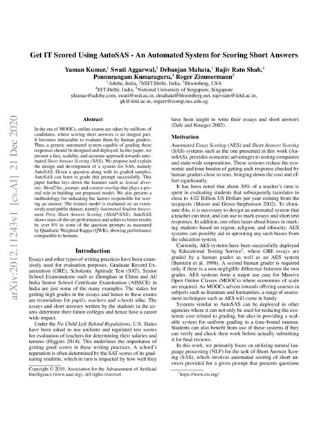 Get It Scored Using Autosas An Automated System For Scoring Short Answers Deepai