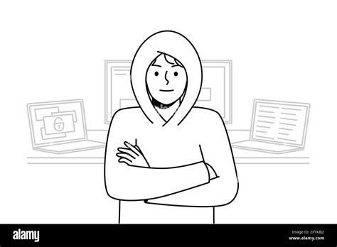 Young Man In Hood Standing Near Computers Hacking Internal Operations System Suspicious Male