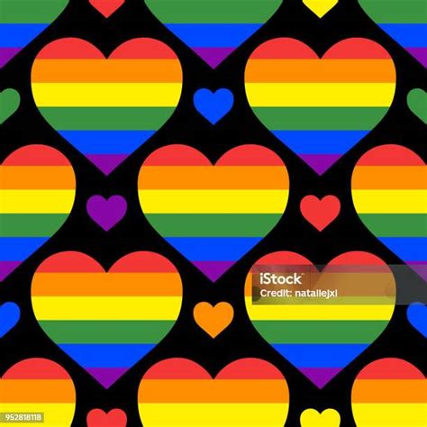 무지개 마음으로 원활한 벡터 패턴입니다 게이 프라이드 플래그 색 그림 개념에 대한 스톡 벡터 아트 및 기타 이미지 개념