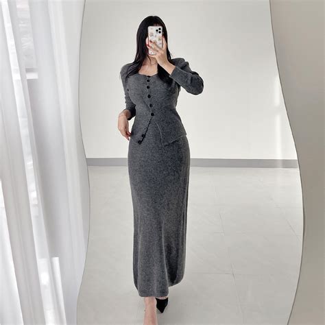 글램핏 겨울 투피스 세트 스퀘어 슬림 니트 가디건골지 밴딩 맥시 롱 스커트 5컬러