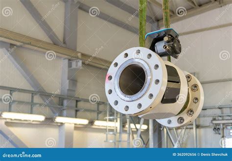 Ultrasonic Flow Meter Being Lifted For Installation On A Flanged Pipeline In An Industrial