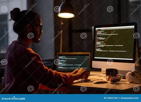 programmer working on computer till late night stock image image of