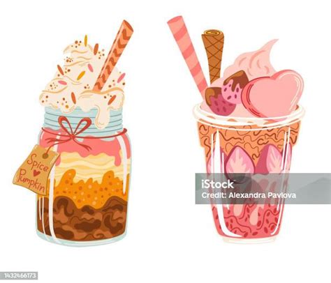 딸기를 곁들인 달콤한 디저트와 크림이 들어간 커피 딸기 요구르트 스무디 또는 밀크 쉐이크 한 잔 레스토랑 카페 인쇄 및 웹 메뉴에 적합합니다 흰색에 격리된 플랫 벡터