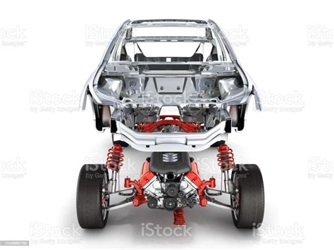 바디와 서 스 펜 션 바퀴와 엔진 하 부 세부 사항에 Bodycar 자동차의 앞면 모습 흰색 절연 3d 배경 0명에 대한 스톡 사진 및 기타 이미지 Istock
