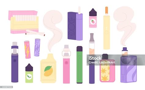 베이핑 세트 전자 담배 흡연용 특수 액체가 든 병 베이프 다양한 액세서리 나쁜 습관 및 중독 전자 담배 선정적인 벡터 세트 개인 장식품에 대한 스톡 벡터 아트 및 기타