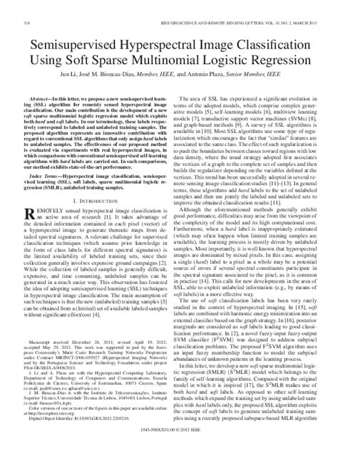 Pdf Semisupervised Hyperspectral Image Classification Using Soft Sparse Multinomial Logistic