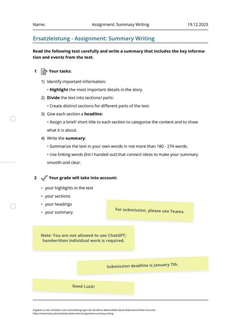 Arbeitsblatt Assignment Summary Writing Tutory De