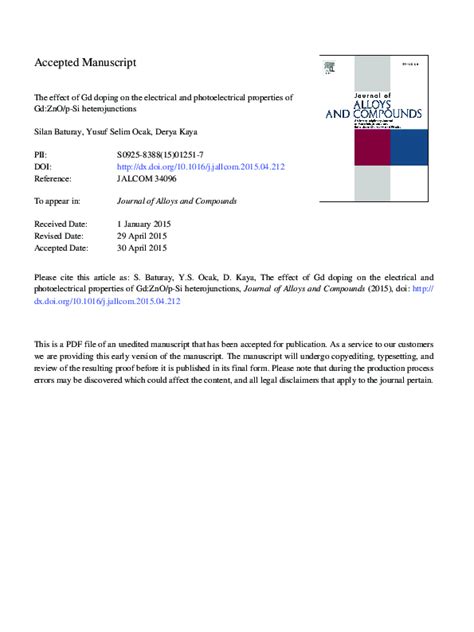 Pdf The Effect Of Gd Doping On The Electrical And Photoelectrical Properties Of Gdznop Si