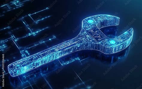Blue Digital Wrench Spanner With Glowing Binary Code Ai In Maintenance