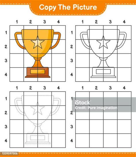 그림을 복사하여 그리드 라인을 사용하여 트로피 그림을 복사합니다 교육 어린이 게임 인쇄 워크 시트 벡터 일러스트레이션 트로피에 대한 스톡 벡터 아트 및 기타 이미지 Istock