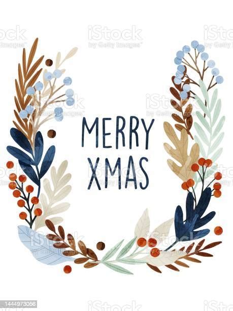 겨울 식물 요소 유칼립투스 잎 양치류 및 열매로 만든 화환 빨강 파랑 베이지 및 갈색 색상의 겨울 인사말 카드 템플릿입니다