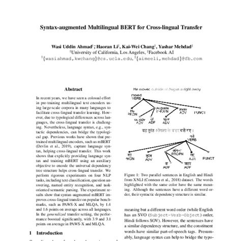 Syntax Augmented Multilingual Bert For Cross Lingual Transfer Acl Anthology
