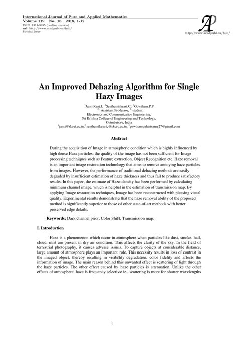 Pdf An Improved Dehazing Algorithm For Single Hazy Images