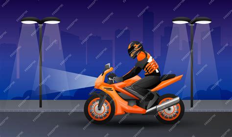 Premium Vector Biker Is Riding On An Orange Sportbike At Night Lamps
