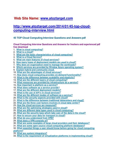 Cloud Computing Interview Questions And Answers Pdf Cloud Computing Software Architecture