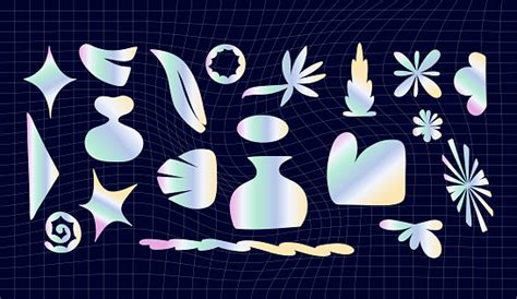 홀로그램 호일 스티커 Holo 엠블럼 태그 템플릿에는 무지개 빛깔의 색상 그라데이션 기하학적 기호 및 Y2k 스타일의 개체가 있습니다 0명에 대한 스톡 벡터 아트 및 기타