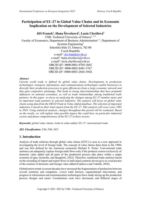 Pdf Participation Of Eu 27 In Global Value Chains And Its Economic Implication On The