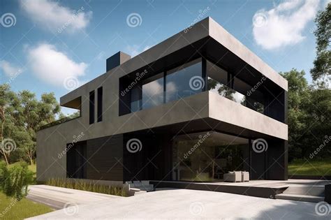 Modern House With Sleek And Minimalist Facade Featuring Large Windows And Flat Roof Stock
