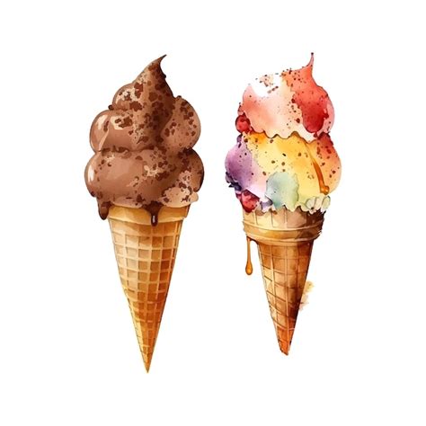 초콜릿 아이스크림 와플 콘 흰색 벡터에 고립 된 수채화 그리기 프리미엄 벡터