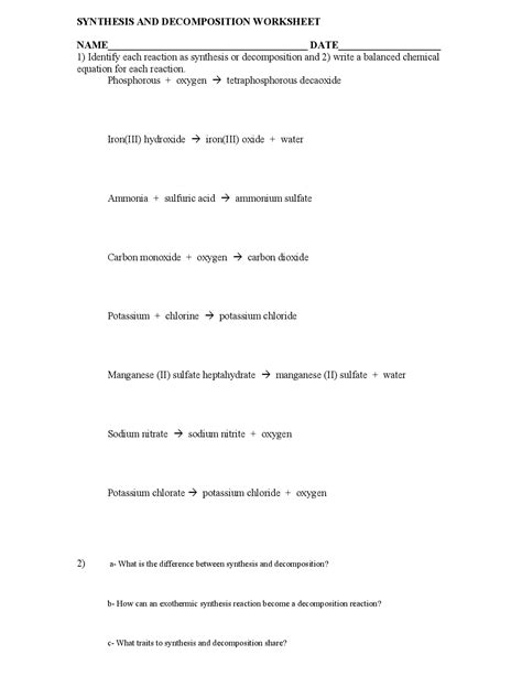 Synthesis And Decomposition Reactions Worksheet Exercises Chemistry Docsity