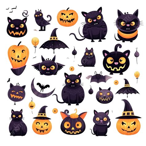 Halloween Funny Set With Black Cats Monsters Pumpkins Ghost Zombies Cute Magic Character